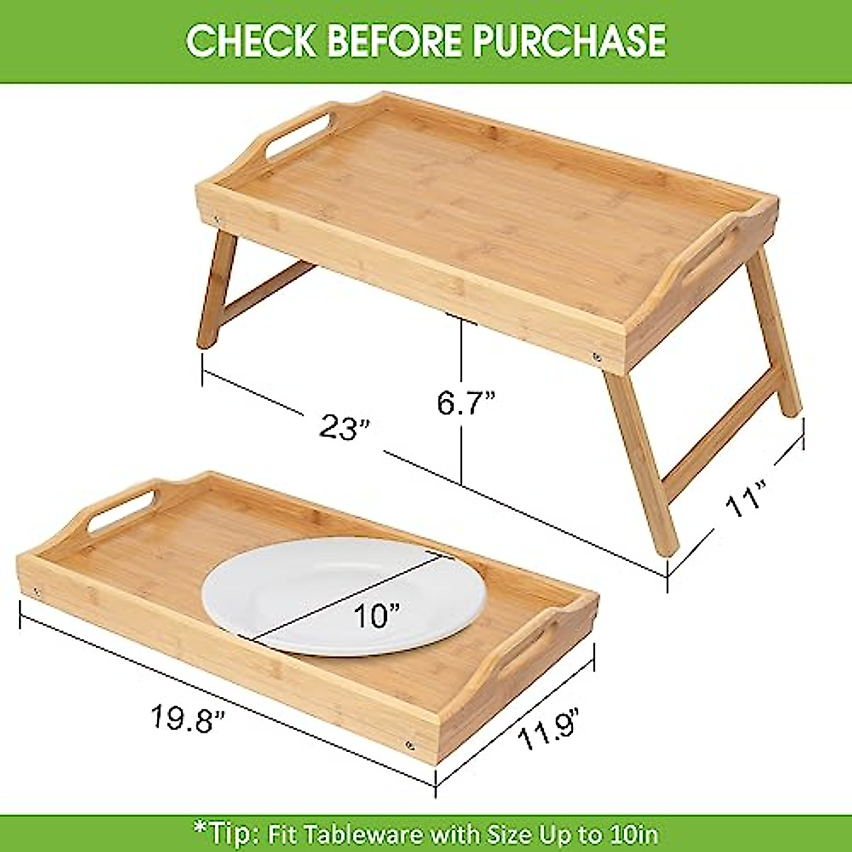 Bed Tray Table with Folding Legs,Serving Breakfast in Bed or Use As a TV Table, Laptop Computer Tray, Snack Tray