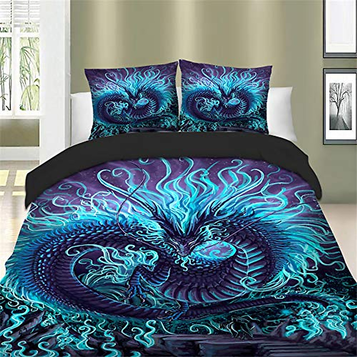 3D Blue Dragon Bedding Set Chinese Dragon Full Queen Duvet Cover Set with Pillow Cases Bed Sheets Twin King Quilt Cover Bed Linen (US Full)