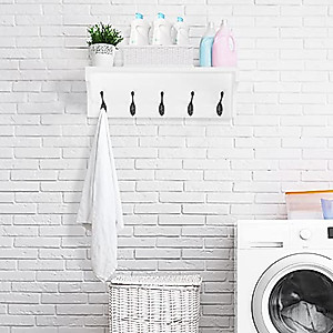 Dseap Wall Shelf with 5 Dual Hooks - 17-inch Heavy Duty Coat Rack Wall Mount with Shelf, Entryway Shelf with Hooks Underneath - Solid Pine Wood - for Entryway, Mudroom, Kitchen, Bathroom, White TEG02B