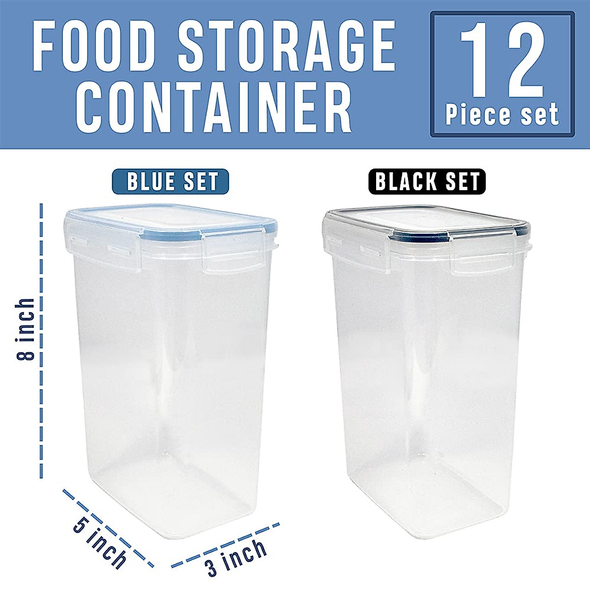 SPARK LIGHTING - Clear Storage Canister Set with Airtight Lids Kitchen & Pantry Organization Containers of Dry Foods Including Flour, Sugar, Cereal, Rice (12 Piece Set, Blue Lids)
