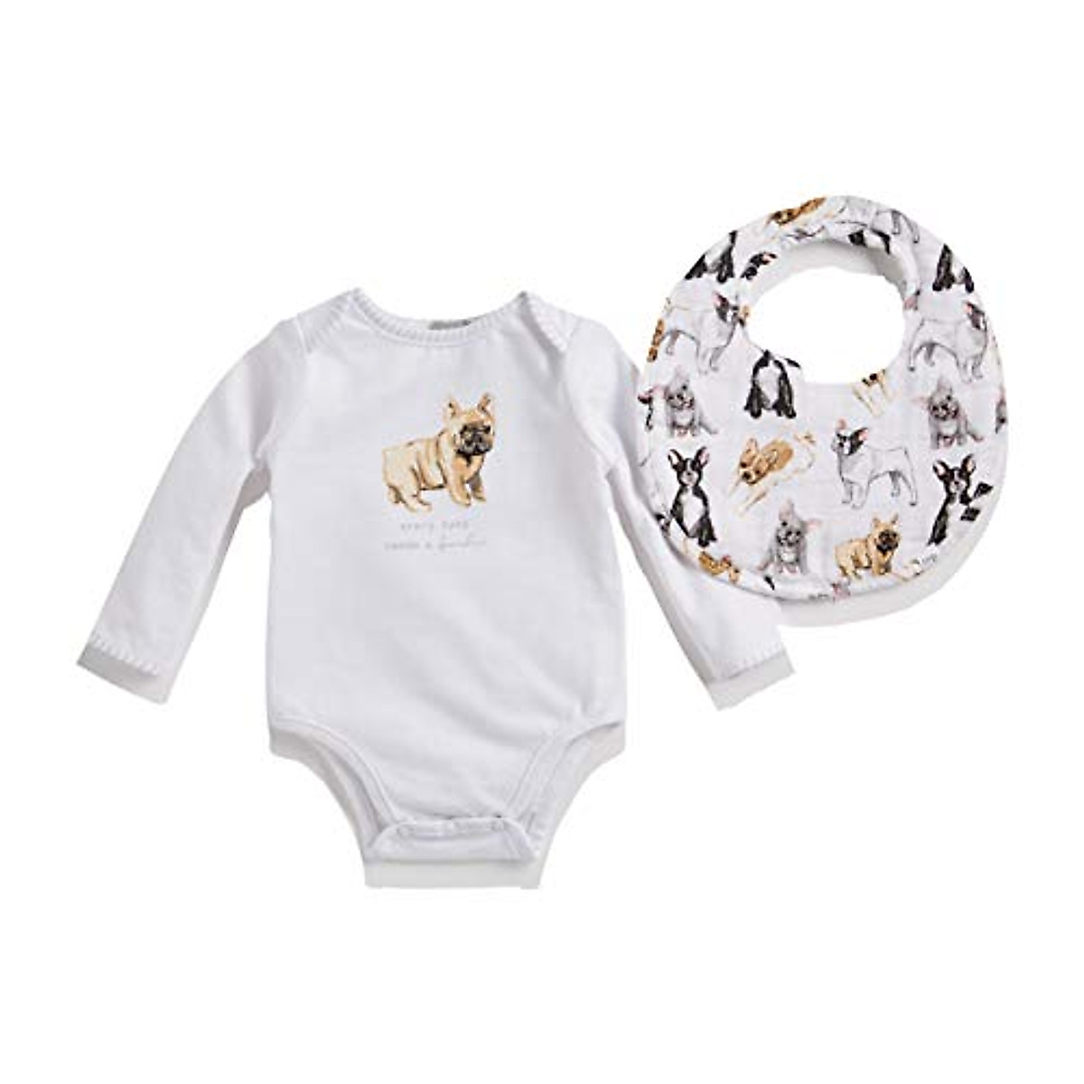 MUD PIE Dog Print Baby Crawler and Bib 2-Piece, French Bulldog, 0-6 Month
