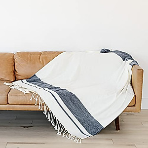 GRACED SOFT LUXURIES Chenille Fringe Throw Blanket for Couch | 50" x 60" Soft, Textured, Fluffy, Warm, Cozy Striped Boho Blanket | Decorative Yet Buttery Soft (Navy Stripe)
