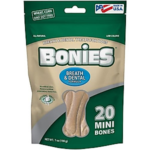 Bonies Natural Breath and Dental Formula Treats for Dogs, Made in USA - All Natural - Freshens Breath - Low Calories - for Dog Chicken Flavor, 20 Mini Bones