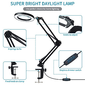 Magnifying Glass with Light and Stand,3 Color Modes Stepless Dimming-5X,Adjustable Swing Arm LED Magnifier Desk Lamp 5-Diopter Glass Lens, for Close Work, Repair, Crafts, Reading,Sewing