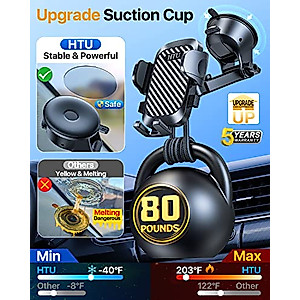 HTU Cell Phone Holder for Car [Upgraded Super Suction & Stable] Handsfree Car Phone Holder Mount Dashboard Windshield Air Vent Car Mount for iPhone 14 13 12 Pro Max Samsung Smartphones & Car Truck