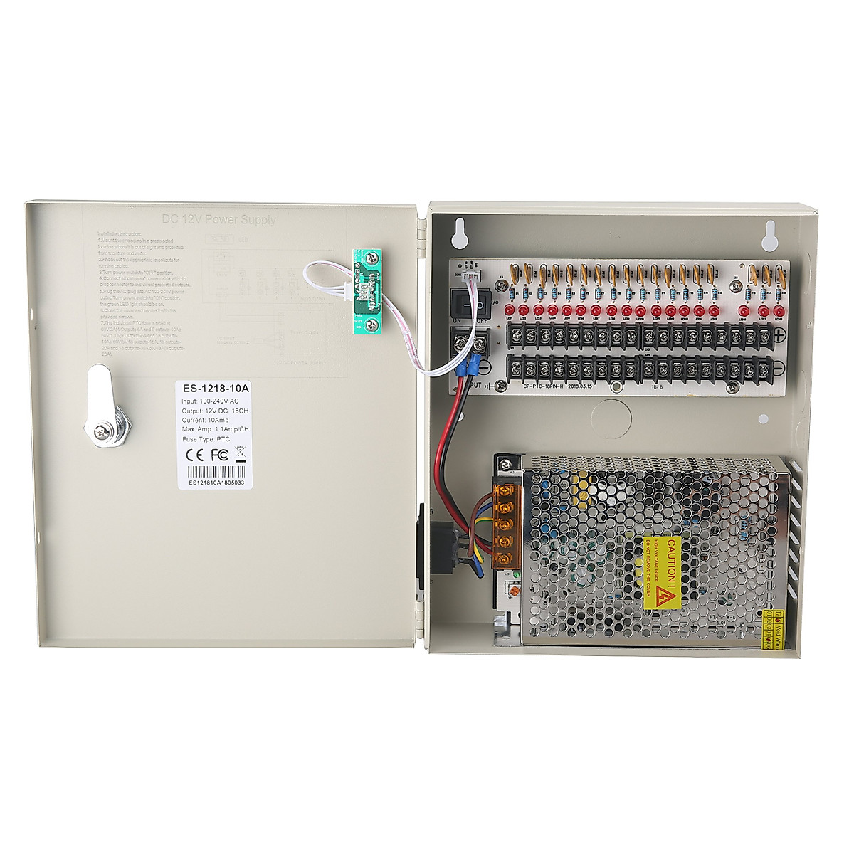 EVERSECU 18 Channel DC12V 20 Amp Reset Fuse CCTV DC Distributed Power Box with AC Plug and Lock for Security Cameras, DVRs, CCTV Power Supply