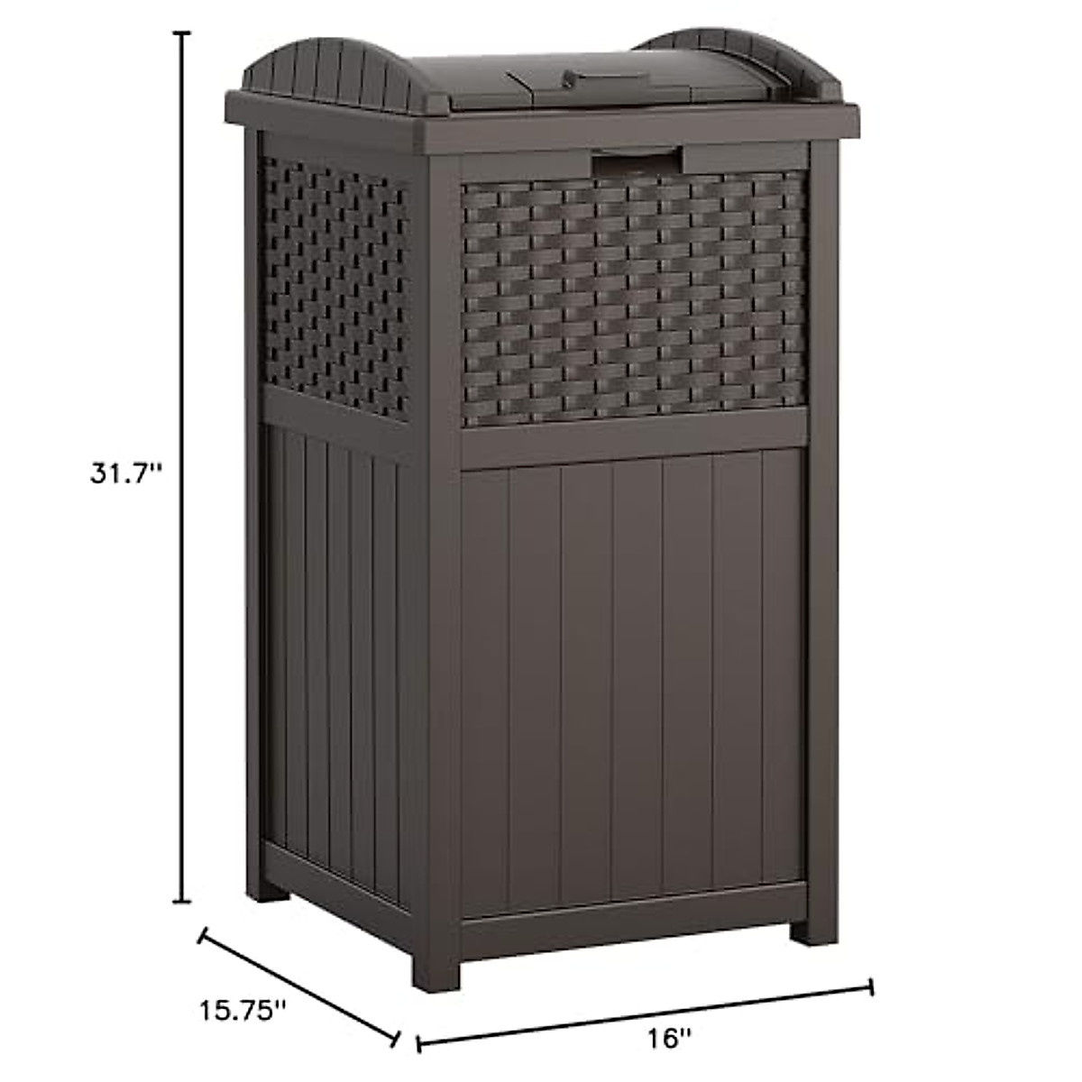 Christopher Knight Home Keaton Wicker Barrel Side Table, Multibrown 16.75 inches high x 17.5 inches wide 17.5 inches deep and Suncast 33 Gallon Hideaway Can Resin Outdoor Trash with Lid Use in Backyard, Deck, or Patio, 33-Gallon, Brown