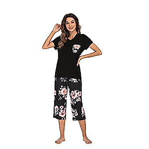iChunhua Comfy Lounge Sets for Women Short Sleeve V-Neck Tops and Floral Print Wide Leg Pants Loose Nightwear Capri Pajama Set Soft Pj Black M