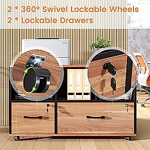 semoic 2-Drawer Wood File Cabinet, Mobile Lateral Filing Cabinet with Adjustable Shelf&Lockable Wheels, Fits Files //F4/A4, Printer Stand with Open Shelves Office
