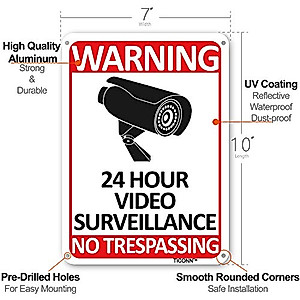 TICONN 2-Pack 24 Hour Video Surveillance Sign, No Trespassing Aluminum Warning Sign, 10’’x7’’ for CCTV Security Camera - Reflective, UV Protected