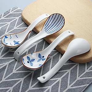 IQCWOOD Porcelain Soup Spoons, 6.2 inch Asian Soup Spoons, Ramen spoons, Japanese soup spoons for Pho, Wonton, Noodles, Chinese Ceramic Rice Spoons, Set of 4