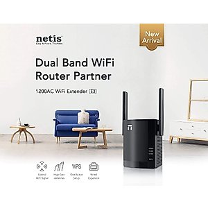 Netis E3 AC1200 Wireless Dual Band Range WiFi Extender with WPS One Button Setup, 2 High Gain Antennas and Wired Expansion Port