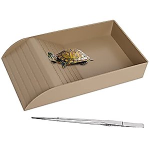 Reptile Feeding Dish with Ramp and Basking Platform Turtle Food Water Bowl Tortoise Ramp Bowl Amphibians Habitat Horned Frogs Lizards Fit for Bath, Included 1PC Forcep
