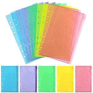 15Pcs Glitter A6 Binder Pockets PVC Pocket Notebook Binder Clear Binder Folders, Colorful Holes Binder Zipper Folders Waterproof PVC Pouch Folders for Document Receipt Picture