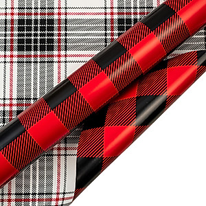 WRAPAHOLIC Reversible Christmas Wrapping Paper - Mini Roll - 17 Inch X 33 Feet - Black and Red Plaid Design for Holiday, Party, Celebration