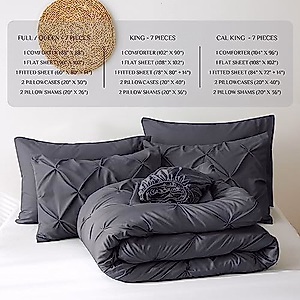 JOLLYVOGUE Bed in a Bag 7-Pieces, Dark Grey Queen/Full Comforter Set for All Season, Pintuck Bedding Sets with 1 Comforter, 1 Flat Sheet, 1 Fitted Sheet, 2 Pillowcases & 2 PillowShams