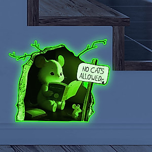 Robmoda 3D Mouse Hole Wall Sticker Glow in The Dark, Mouse Reading Book Fun Art Wall Decal, Peel and Stick Nursery Kids Room Decor, Classroom, Bedroom, Bookcase Decoration