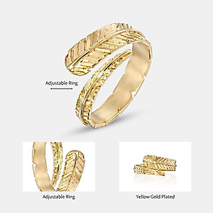 Adjustable Feather Ring - 14K Gold Plated over 925 Sterling Silver Customizable Open Ended Spiral Ring, Dainty Flexible Feather Ring, Wrap and Fit to Every Finger, Handmade Jewelry Rings for Women