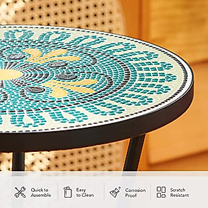 VONLUCE Patio Side Table and Plant Stand, 21" End Table with 14" Ceramic Tile Top for Porch Garden Decor, Indoor and Outdoor Mosaic Table, Living Room Bedroom Balcony Furniture for Home Garden, French