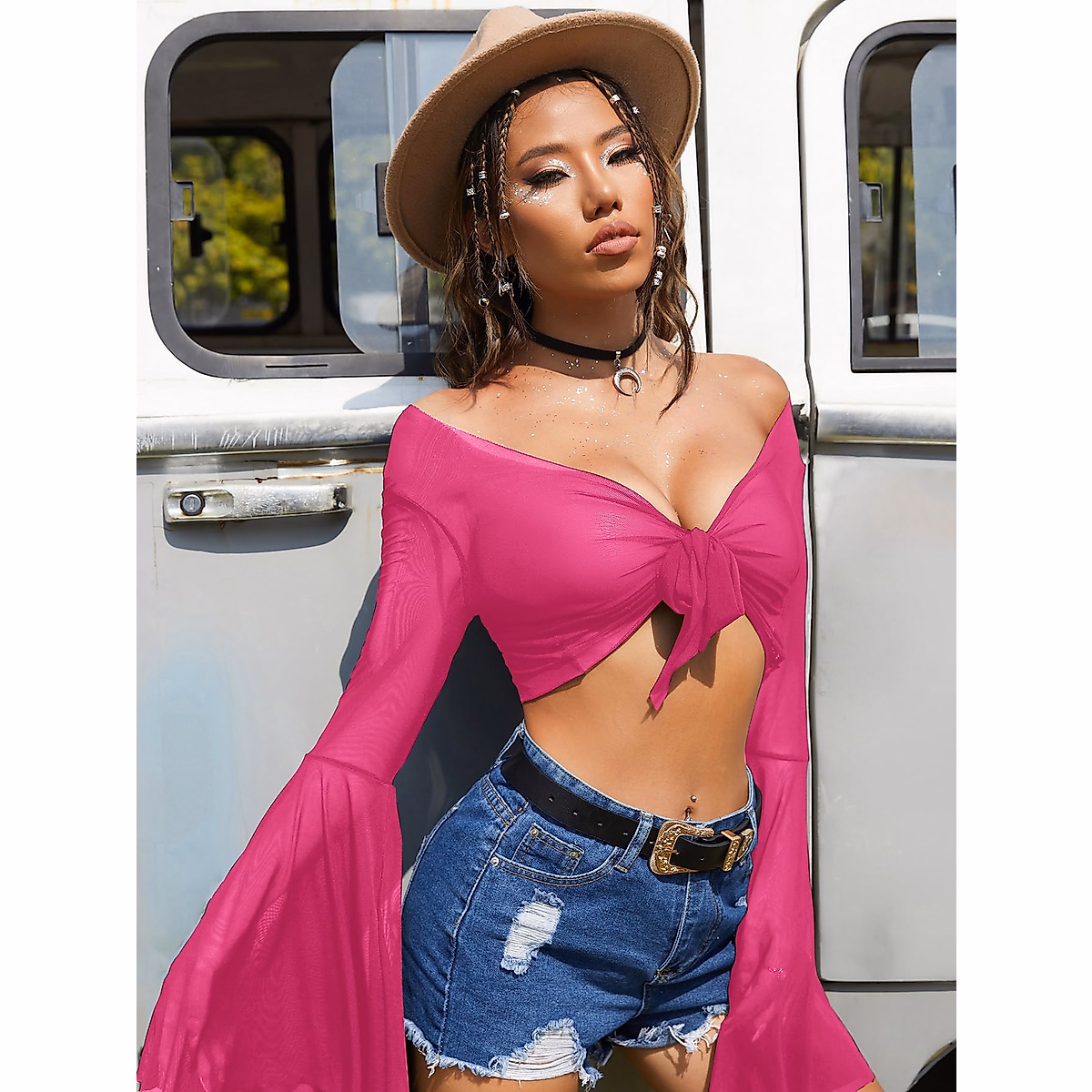 Verdusa Women's Tie Front Bell Long Sleeve Blouse Sheer Mesh Crop Top Hot Pink M