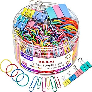 Paper Clips Binder Clips, Colored Office Clips Set - Assorted Sizes Paperclips Paper Clamps Rubber Bands for Office and School Supplies, Document Organizing