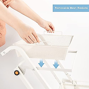 UPGLOW 3-Tier Metal Rolling Utility Cart, Adjustable Kitchen Storage Cart with Removable Mesh Baskets, Storage Trolley with Handle and Lockable Wheels for Kitchen, Bathroom, Office, Coffee Bar