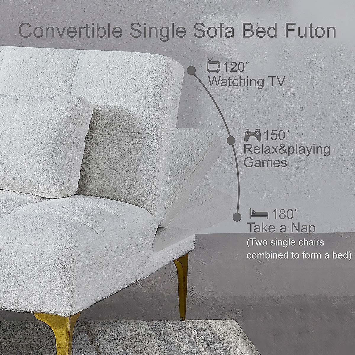 Convertible Single Sofa Bed Futon with Adjustable Backrest. Modern Teddy Fabric Leisure Multi-Functional Lounge Chair with Pillow and Gold Metal Legs for Small Living Room. Apartment or Studio (White)
