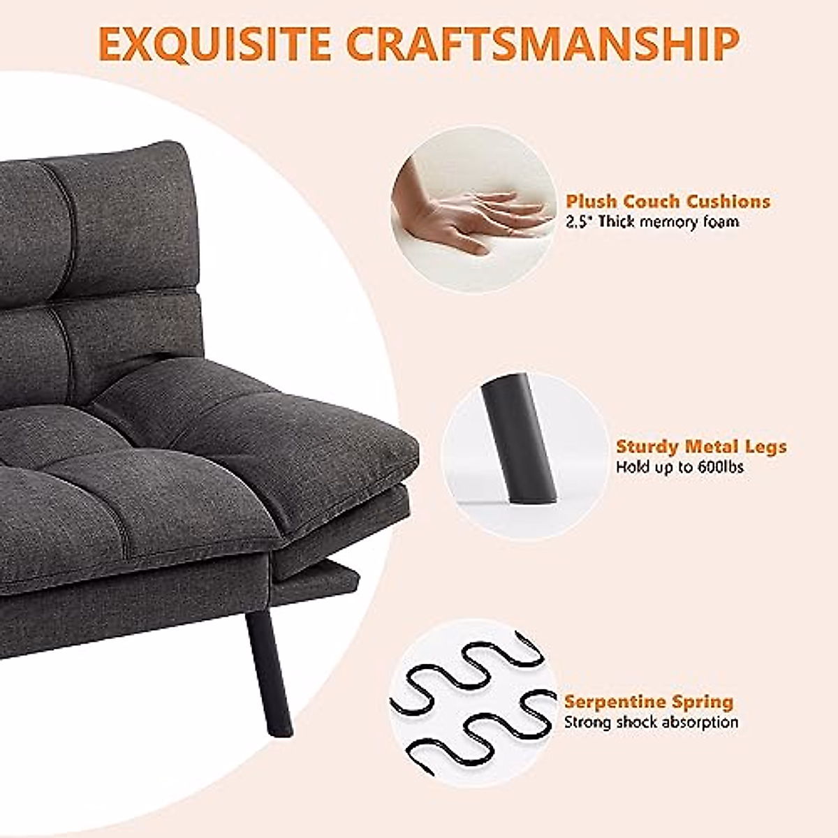 Sweetcrispy Futon Couch for Living Room Sofas, Dark Grey