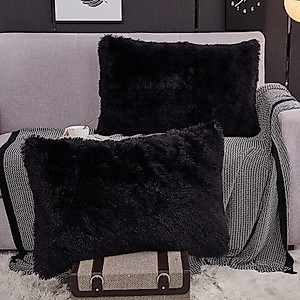 WERDIM Shaggy Fluffy Faux Fur Pillowcases 2 Pack Button Closure Velvet Pillow Shams Standard/Queen Size (Black, 20 X 26 Inches)