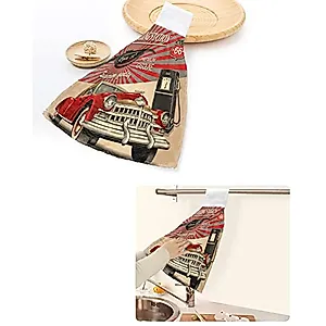 Krisyeol Hanging Kitchen Towel 1 Pcs Retro Filling Station Car Posters Soft Dish Towel Water Absorbent Hook and Loop Hand Towel for Bathroom Tea Bar Washroom Toilet Home Decor