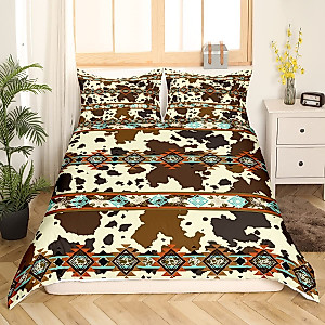 Erosebridal Cowhide Duvet Cover Western Bedding Set,Brown Highland Cow Print Comforter Cover Exotic Aztec Diamond King Bed Set,Farm Animals Bull Cattle Skin Room Decor Cowboys Gifts for Women