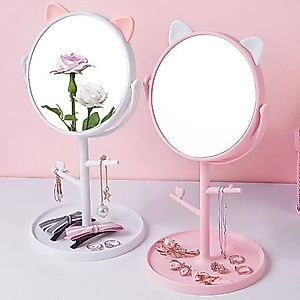 Desk Mirror in Cute Cat Ears Shape Practical Desktop Makeup Mirror Portable with Folding Stand Round Makeup Mirror Stand Up Desk 360 Circular Rotation Cute Circle Mirror for Bedroom Bathroom