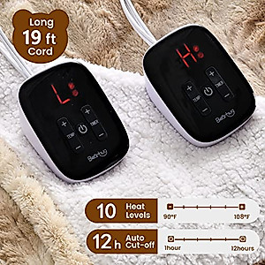 Bearhug Electric Blanket Queen Size 84" x 90", Dual Controller Heated Blanket, Faux Fur/Sherpa, 10-Heat Levels & 1-12H Auto Off, 5-Year Warranty, Over-Heat Protect, ETL, Machine Washable