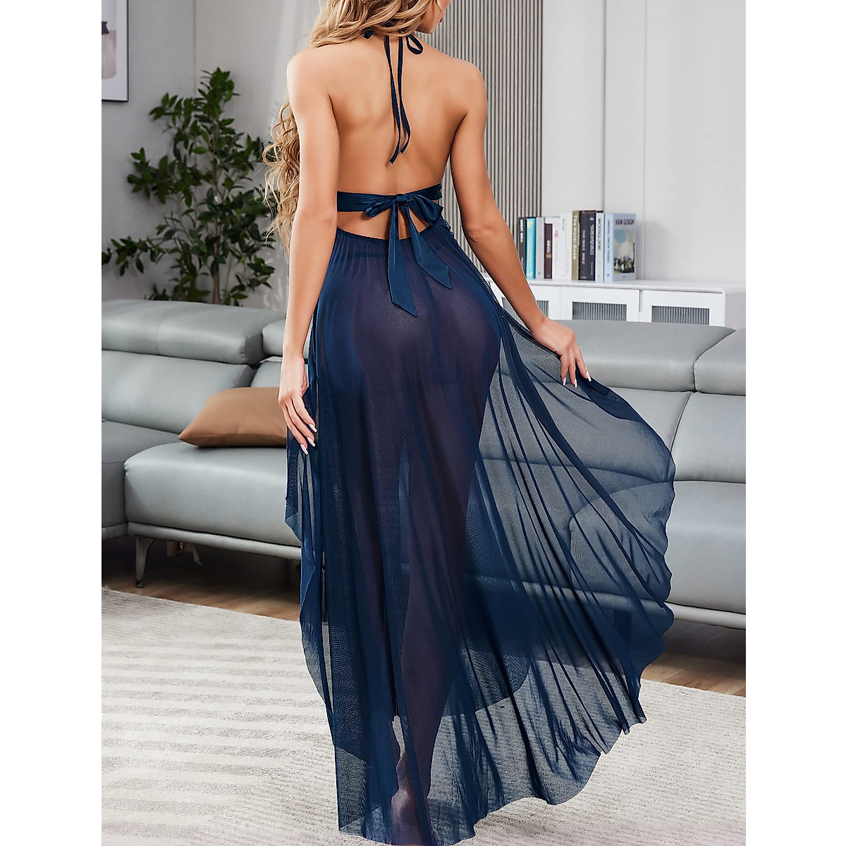 Avidlove sexy lingerie for women naughty for sex Deep V Neck Nightwear Mosaic Lace Mesh Dress Navy Blue Medium