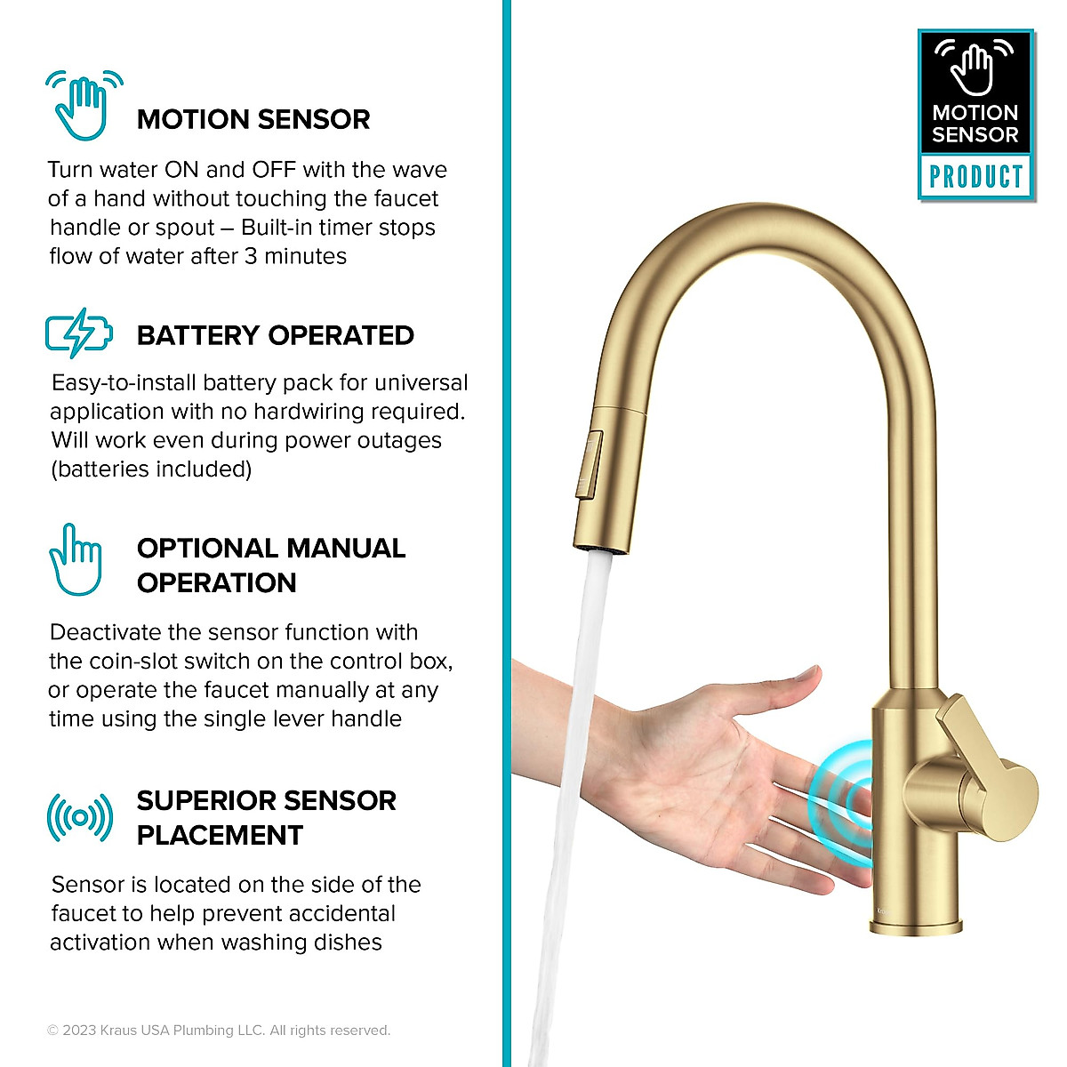 KRAUS Oletto Touchless Sensor Pull-Down Single Handle Kitchen Faucet in Brushed Brass, KSF-2830BB