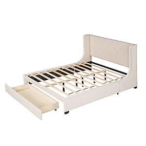 Yehha Queen Size Velvet Upholstered Platform Bed w/Button Tufted Headboard & Storage Drawers, Wooden Bedframe w/Strong Slats Support & Capacity 450LBS, No Box Spring Needed, Easy to Assemble, Beige