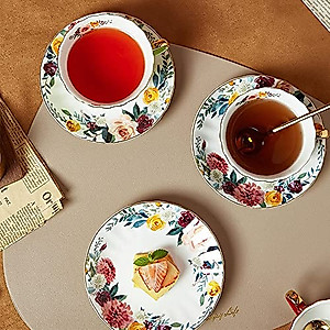 ONEUSTAR Tea Cup and Saucer Set for 2 Porcelain Enghlish Tea Cup Floral Teacups Coffee Cup Set for Mother's Day Thanksgiving in Gift Box 8 Oz