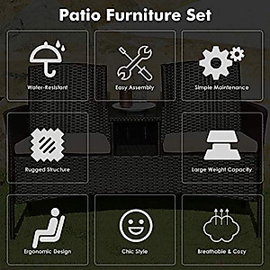 DORTALA Outdoor Patio Loveseat, Wicker Patio Conversation Set with Removable Cushions and Coffee Table, Plastic Table Top, Modern Rattan Loveseat Sofa Set for Garden Lawn Backyard (Brown+White)
