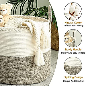KAKAMAY Large Cotton Rope Blanket Basket (20"x13"),Woven Baby Laundry Hamper，Blanket Basket for Nursery, Laundry, Living Room, Pillows, Toys （White/Beige）