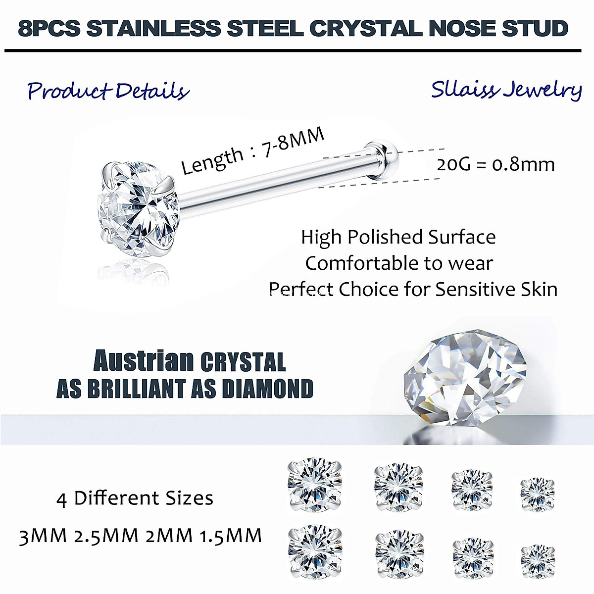 Sllaiss 8 Pcs 20G Nose Ring Studs Made with Austrian Crystal for Women Stainless Steel 1.5mm 2mm 2.5mm 3mm Nose Piercings Set Body Jewelry Hypoallergenic