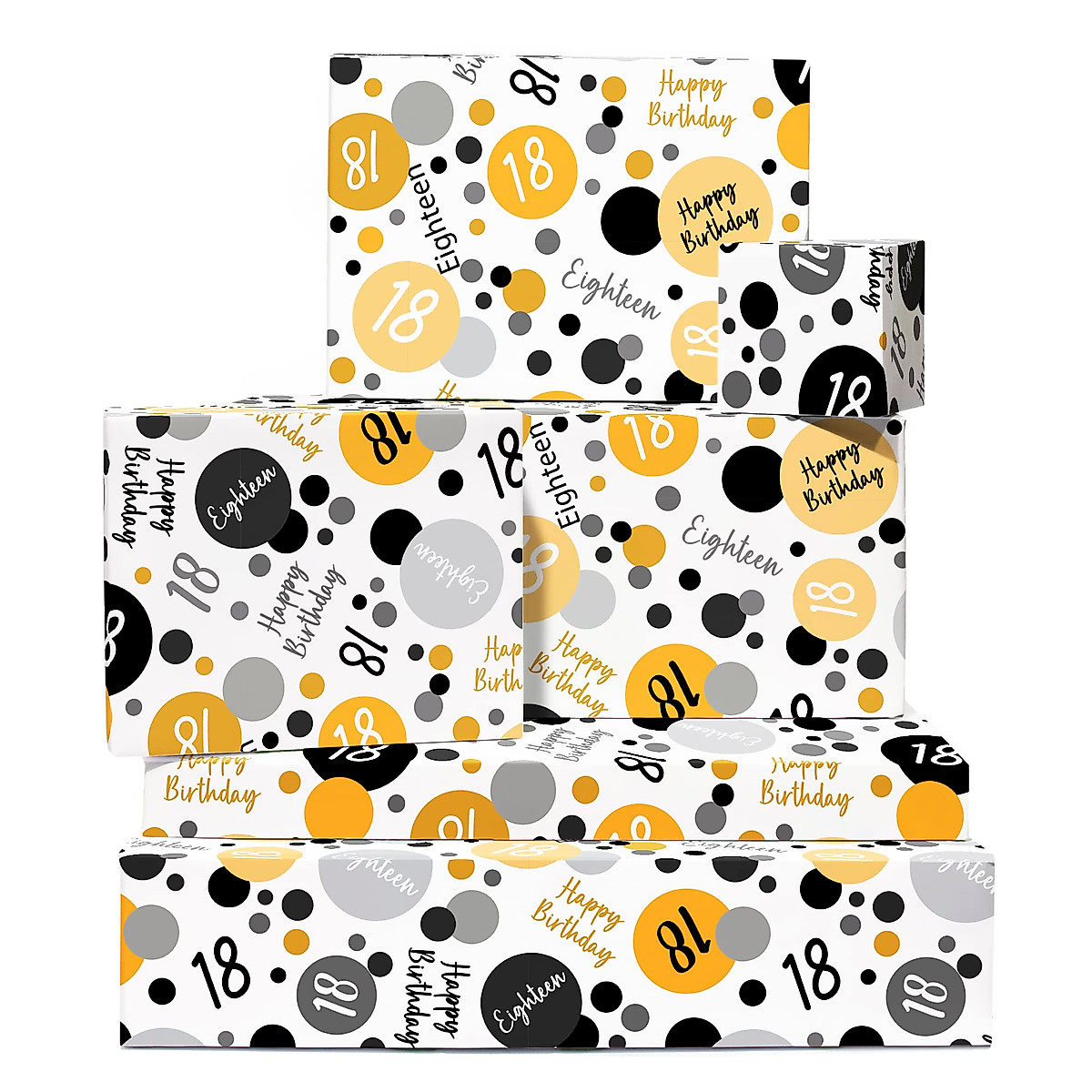CENTRAL 23 Girls Wrapping Paper - 6 Sheets of Gift Wrap - 18th Birthday Wrapping Paper for Men Women - Black Gold - Dots - Age 18 - For Friends - Comes with Fun Stickers