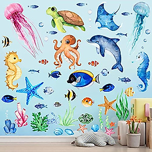 4 Sheets Ocean Fish Wall Decals Stickers Under The Sea Wall Decal Stickers Removable Sea Life Marine Animal Sticker Underwater Ocean Creatures Wall Decor for Kids Girls Boy Nursery Bedroom Bathroom
