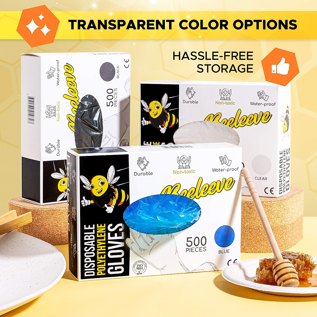 Beeleeve [500-Box Disposable Plastic Poly Gloves - One Size Fits Most - Color Variants - Single-Use Hand Covers for Food Safe Handling, Preparation, Kitchen, Cooking, Waterproof, Bulk (b - Blue)