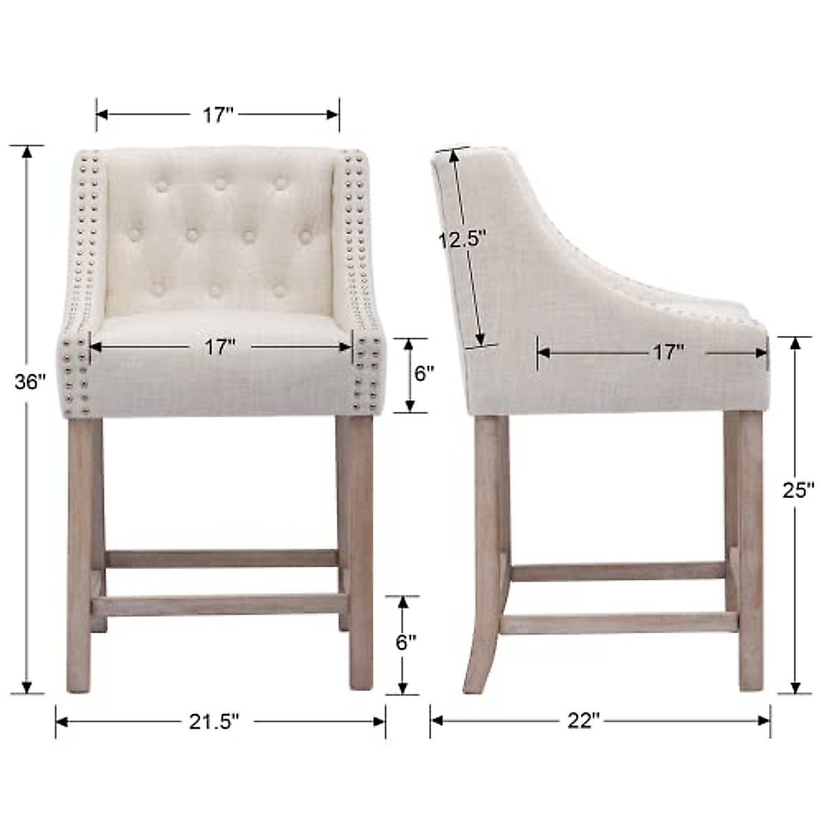 CIMOTA Counter Height Bar Stools Set of 2 Tufted Farmhouse Bar Chairs with Back Upholstered Mid Century Barstools with Wood Legs Kitchen Island Counter Stools for Home Bar, 25 Inch/Linen Beige