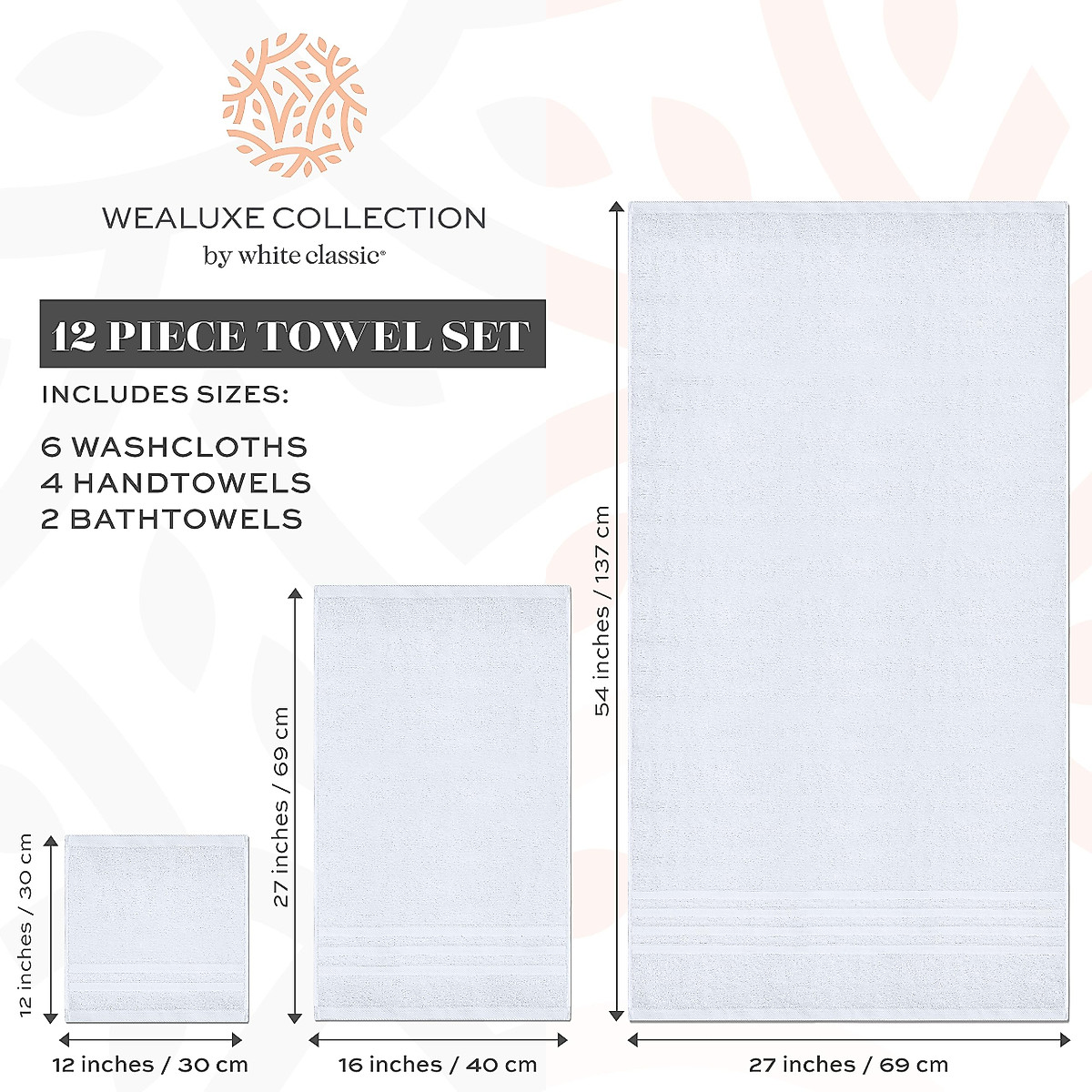 Wealuxe 12 Piece Bath Towel Set for Bathroom - 2 Bath Towels, 4 Hand Towels, 6 Washcloths 100% Cotton Soft and Plush Highly Absorbent, Soft Towel for Hotel & Spa - White