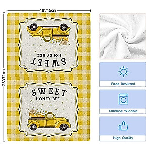 Kitchen Towels Summer Sweet Gnome Bee Truck Absorbent Tea Towel Soft Hand Dish Towel Yellow Plaid Reusable Washable Cleaning Cloth Hand Bath Towels for Bathroom Bar for Everyday Cooking (Pack of 1)