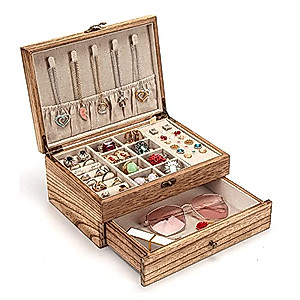 Pinzoveco Jewelry Box for Women, Rustic Wooden Jewelry Organizer Box for Storage Earrings Rings Necklace Bracelet, Farmhouse Style Wood Jewelry Boxes & Organizers (Torched Wood Color)