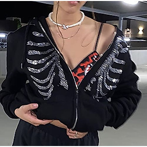 Women Y2K Long Sleeve Zip Up Hoodie Jacket Skull Vintage Casual Cardigan Sweatshirt with Pocket (Rhinestone Skeleton Black, S)