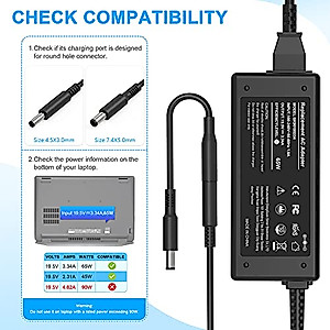 65W 45W 2 Tips Charger for Dell Laptop Charger,Replacement for All 65W 45W Dell inspiron 13 14 15 17 3000 5000 7000 Series laptops Round Connects Chargers（7.4mm and 4.5mm）