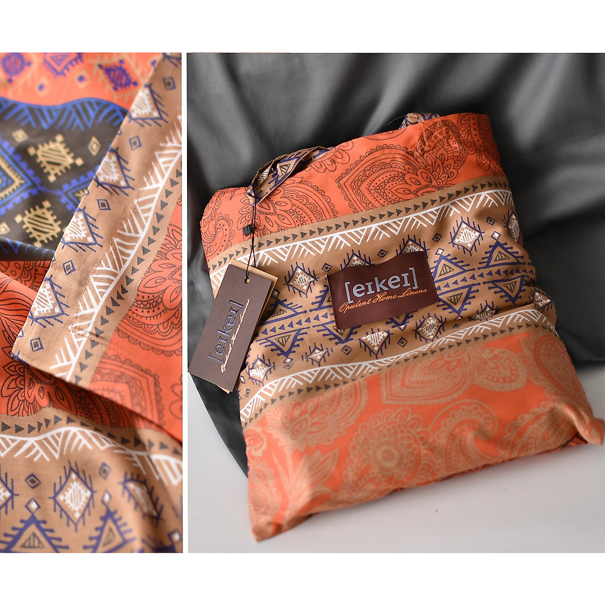 Bohemian Duvet Cover Striped Ethnic Boho Reversible Southwestern 400TC Cotton King Size Bedding 3pc Set Navy White Orange Modern Geo Aztec Print (Queen)